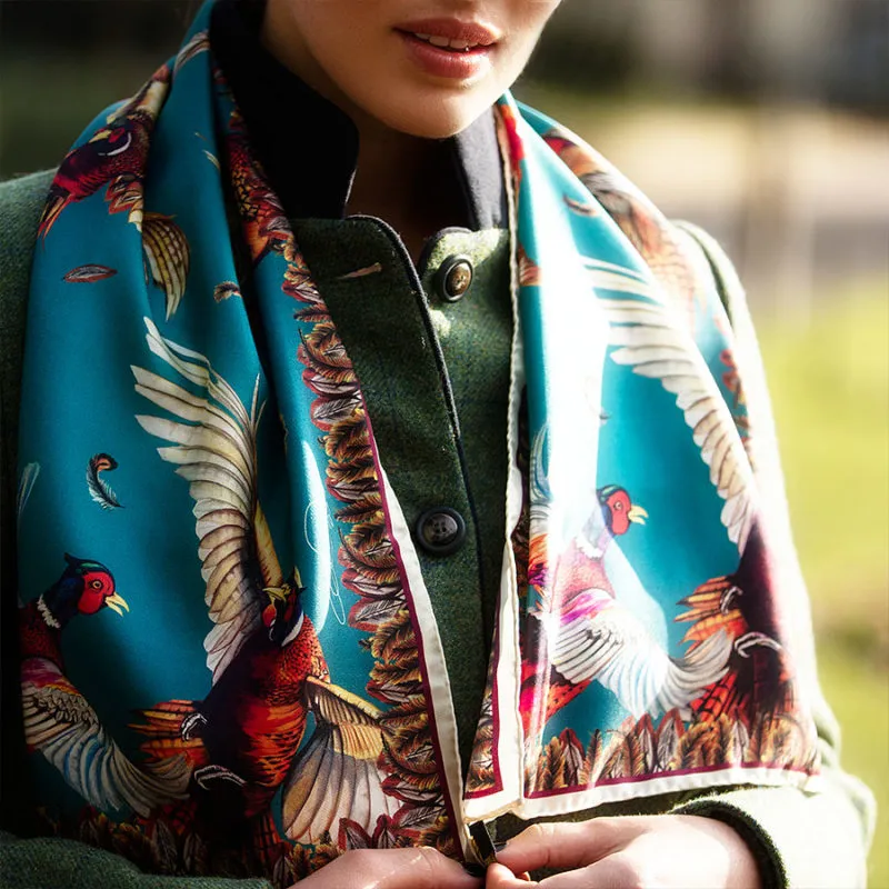 Clare Haggas Teal Turf War Narrow Silk Scarf